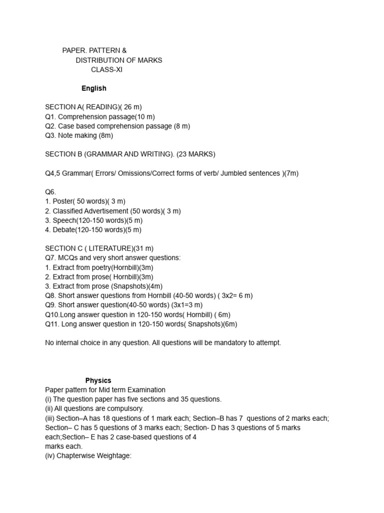 Class XI Midterm Exam Paper Pattern | PDF | Chemistry | Physical Sciences