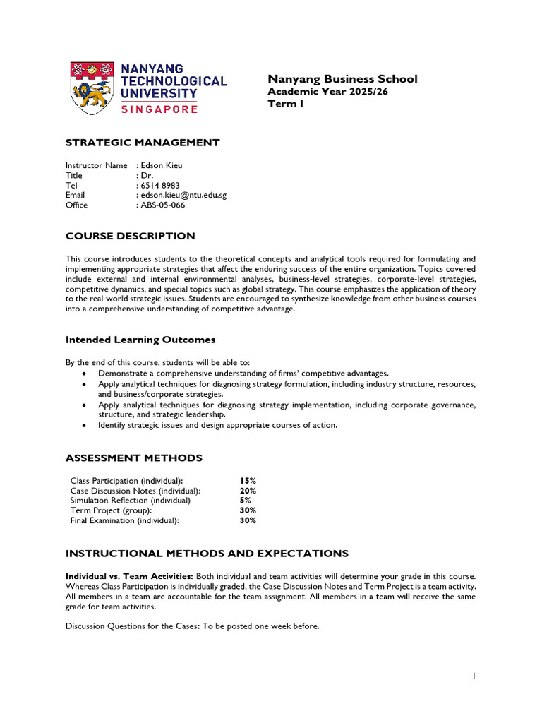 Strategic Management EDHEC AY2025-26 Sem 1 (Course Outline) | PDF | Academic Integrity ...