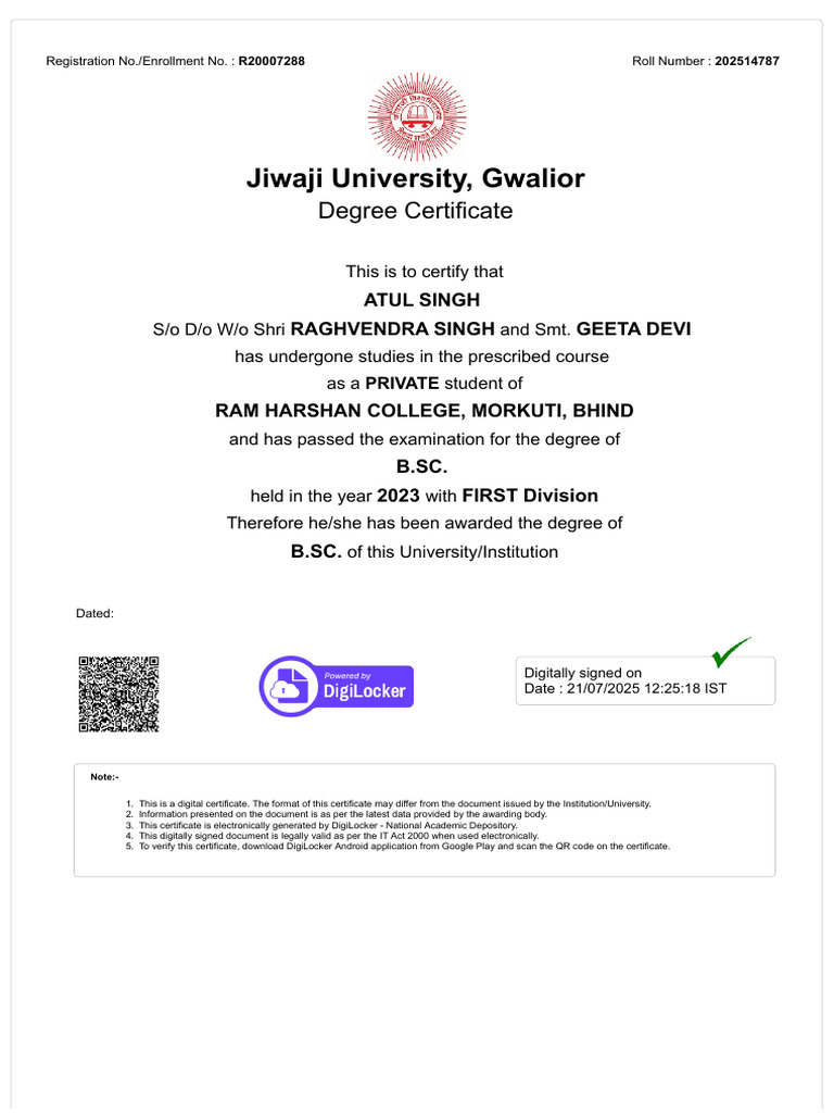 Jiwaji University B.Sc. Degree Certificate | PDF