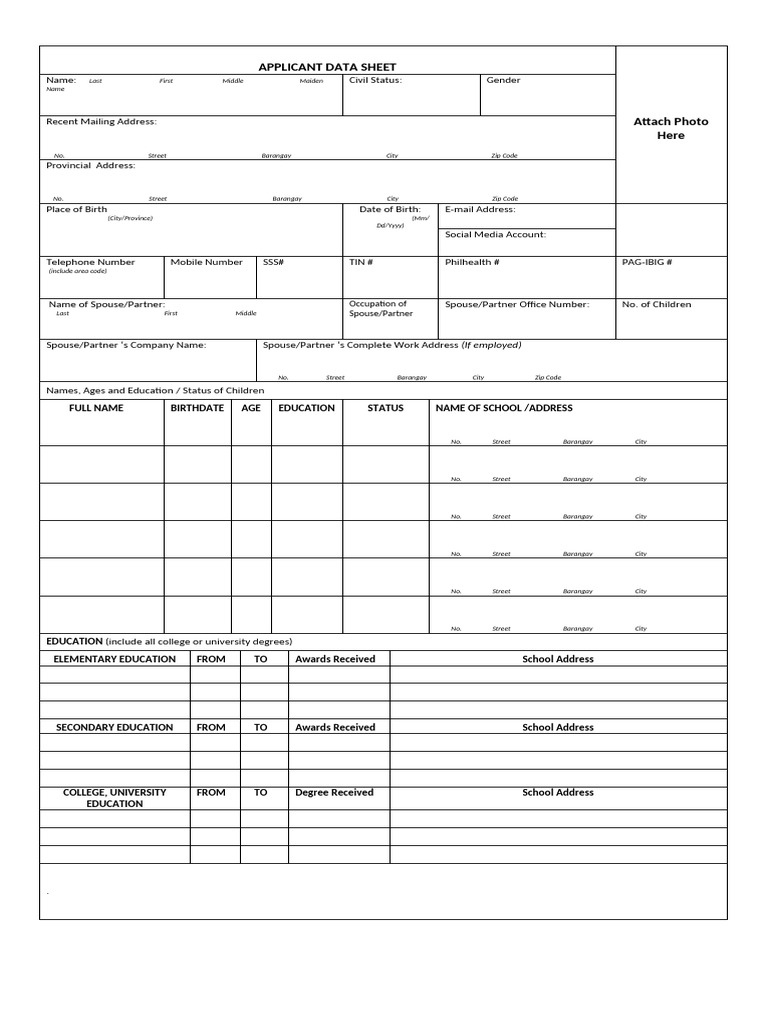 Applicant's Data Sheet | PDF | Cost Of Living | Employment
