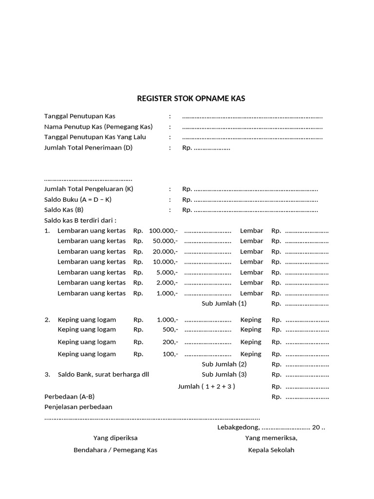 Register Penutupan Kas Harian | PDF