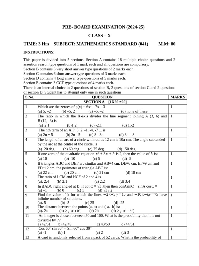 Maths Stand. X - QP - Pre-Board Set I | PDF | Circle | Sphere