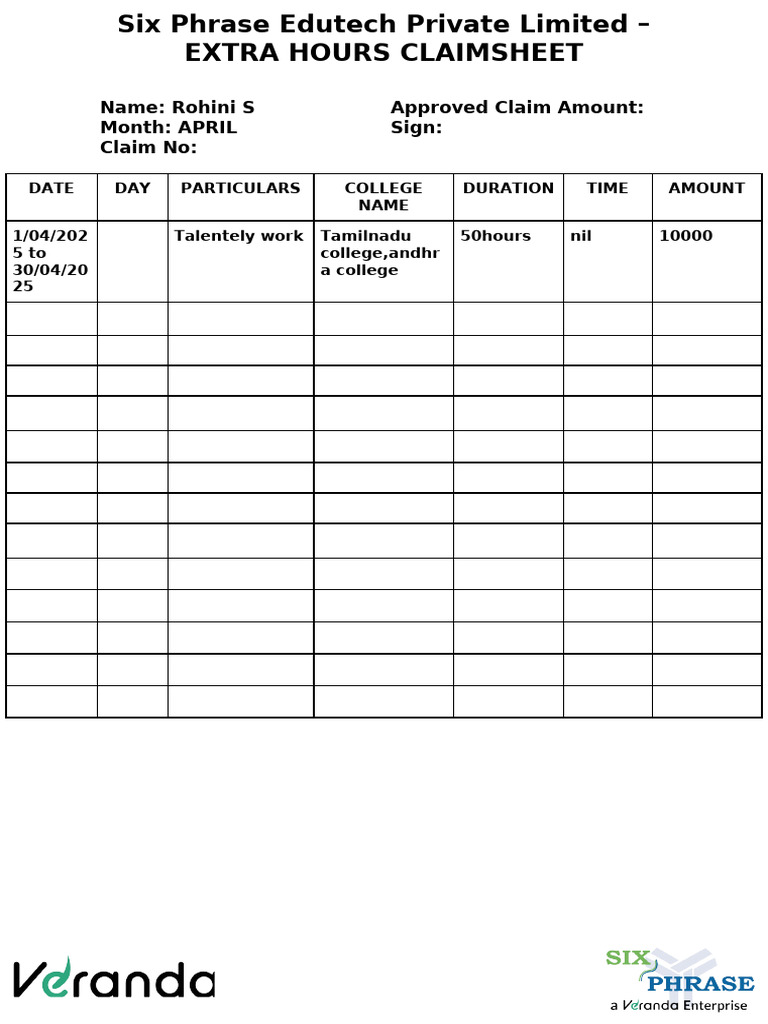 Six Phrase - Extra Hours Claimsheet APRIL | PDF
