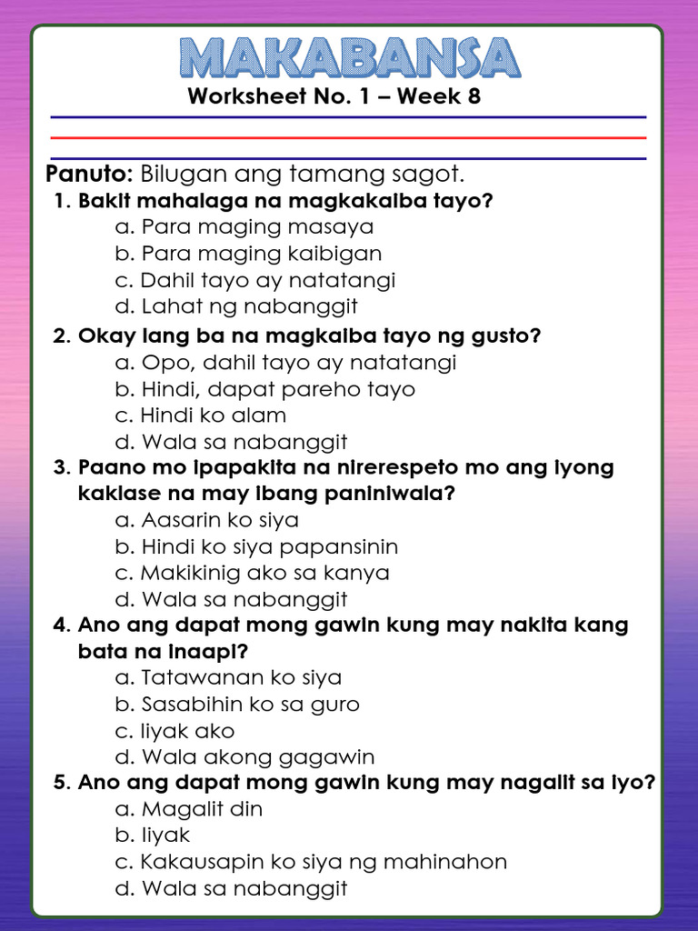 Makabansa Worksheet Week 8 Pdf