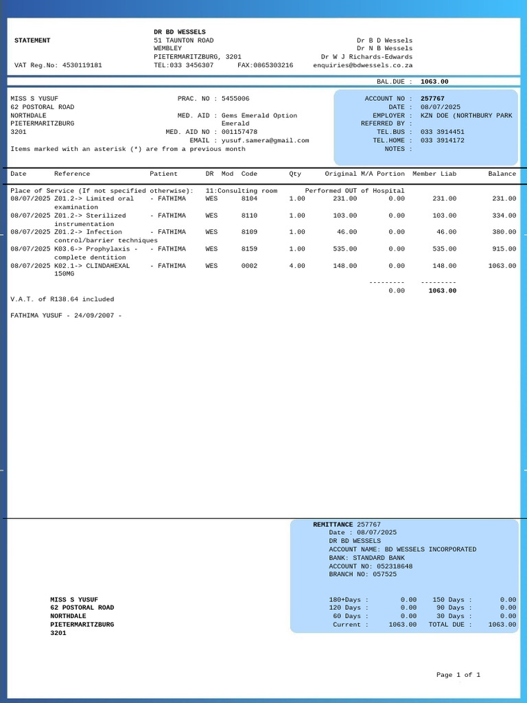 Dr. B.D. Wessels Patient Account Summary | PDF