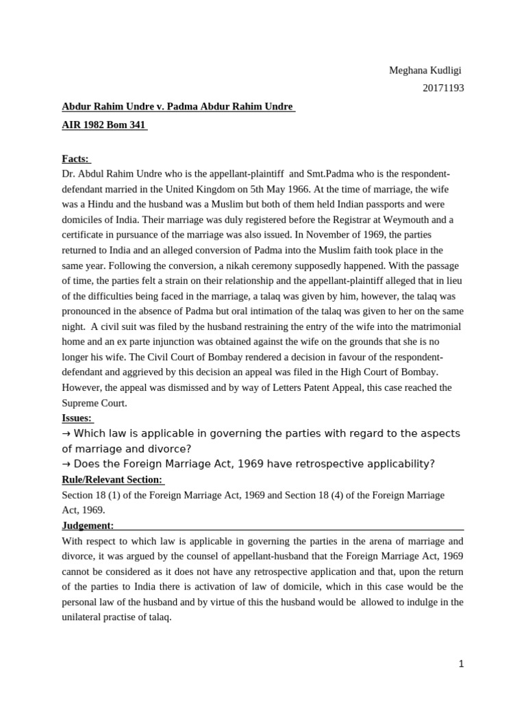 Abdur Rahim Undre V Padma Abdur Rahim Undre | PDF | Marriage | Husband