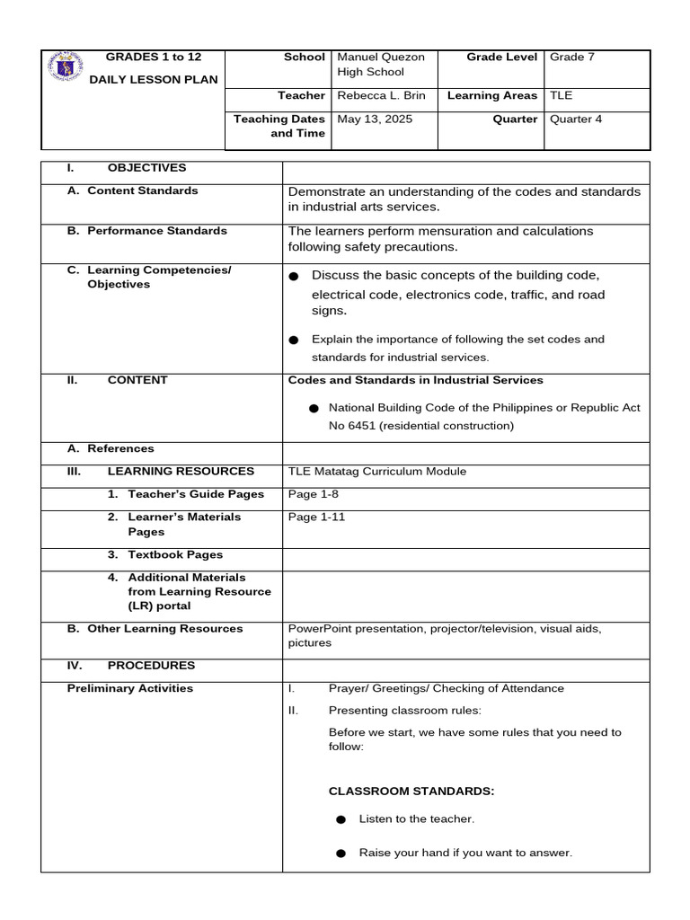 TLE Demo Caloocan 1 | PDF | Building Code | Teachers