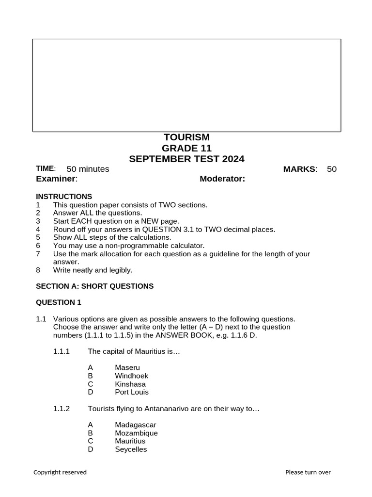 Grade 11 Tourism September 2024 Test | PDF | Southern Africa | Foreign ...