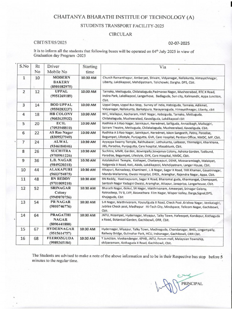CBIT - Student Transport Circular | PDF