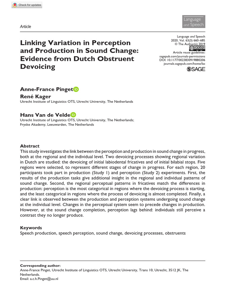 Dutch Sound Change: Perception vs. Production | PDF | Phonetics | Human ...