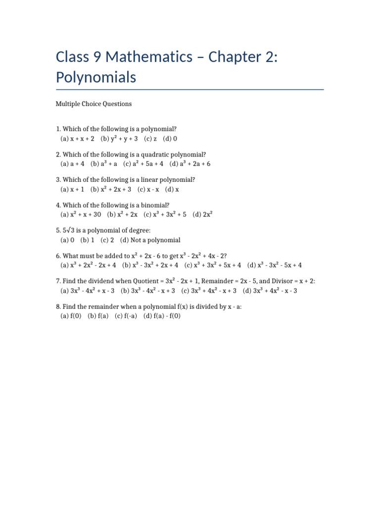 Polynomials Class9 Extra MCQs | PDF