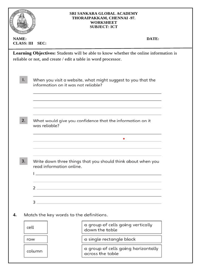 Grade 3 ICT Worksheet: Reliability & Tables | PDF