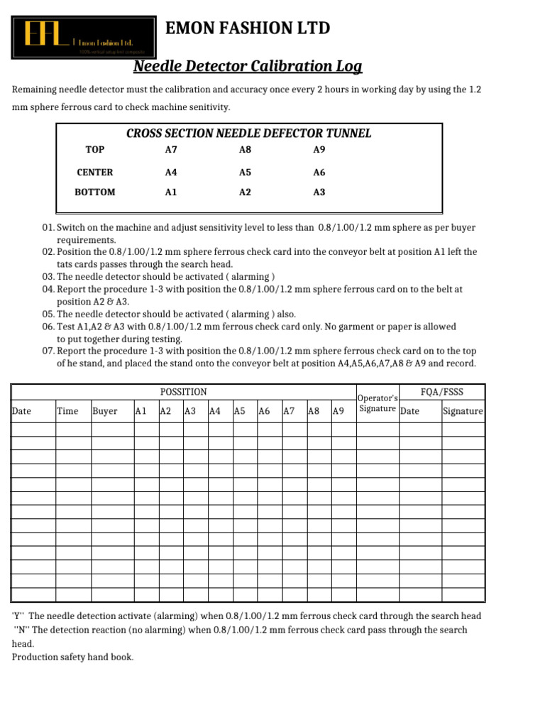 Needle Defector Calibration Log EMON FASHION LTD | PDF