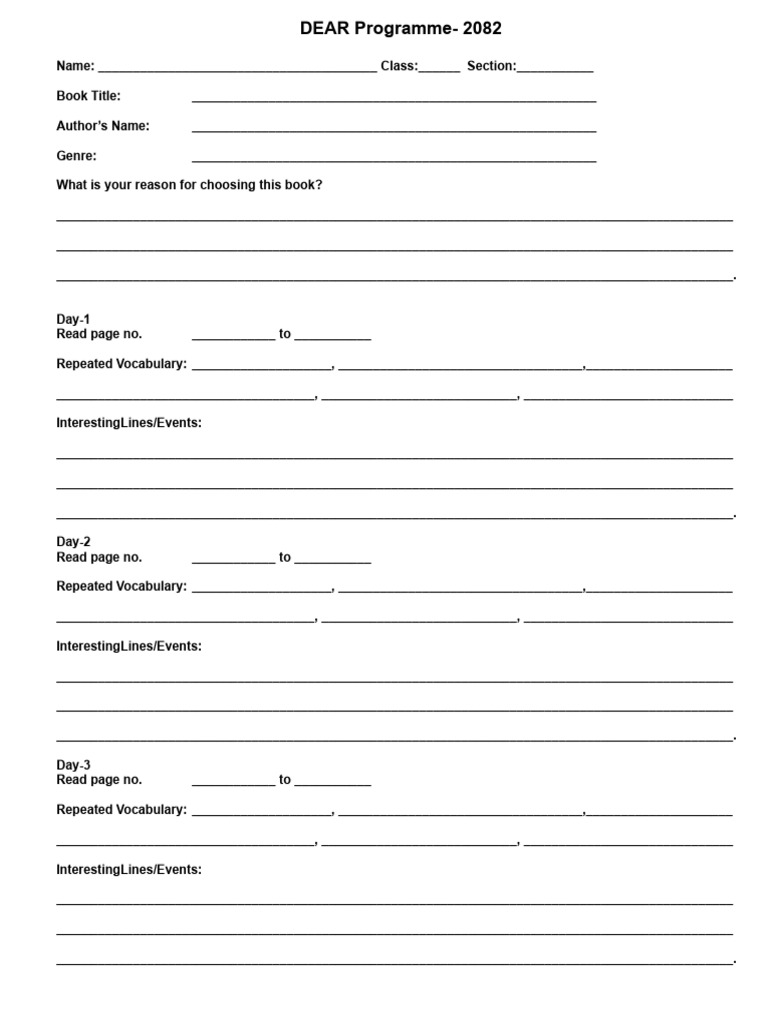DEAR Programme Reading Log Template | PDF