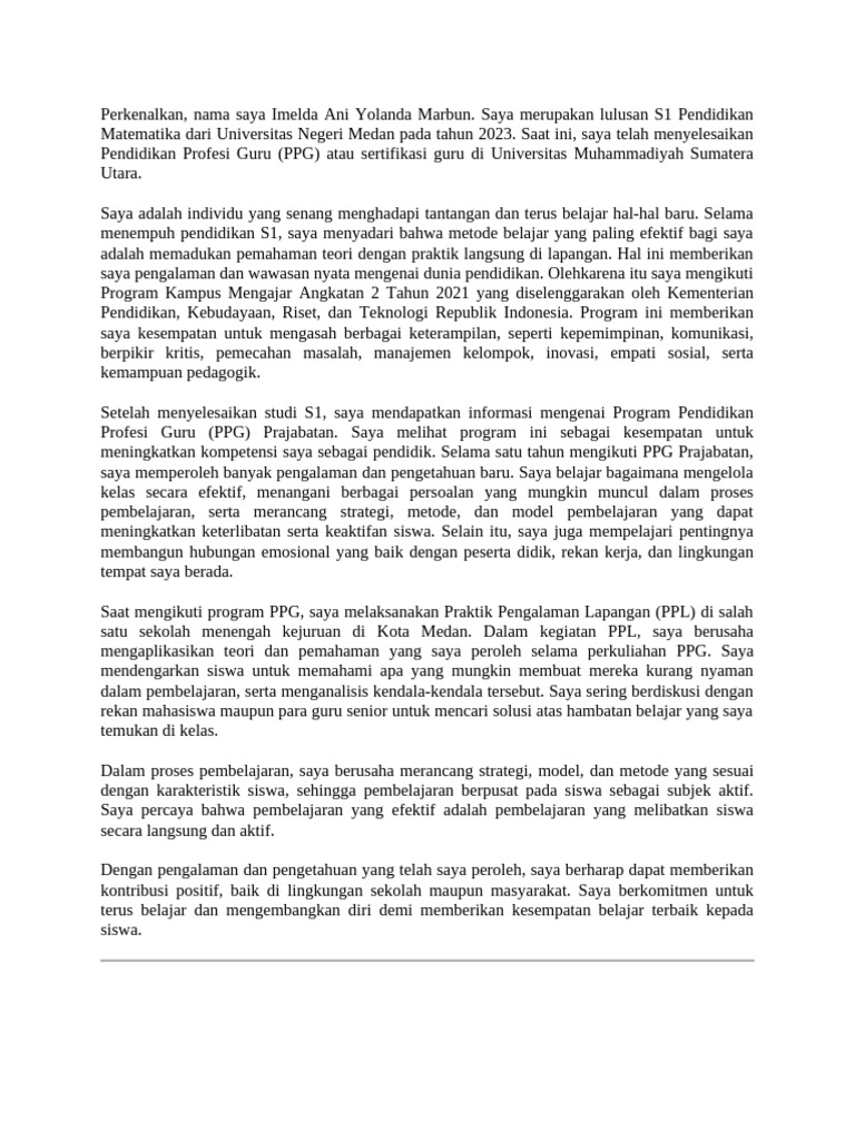 Perkenalan Diri Imelda PPG Prajabatan | PDF