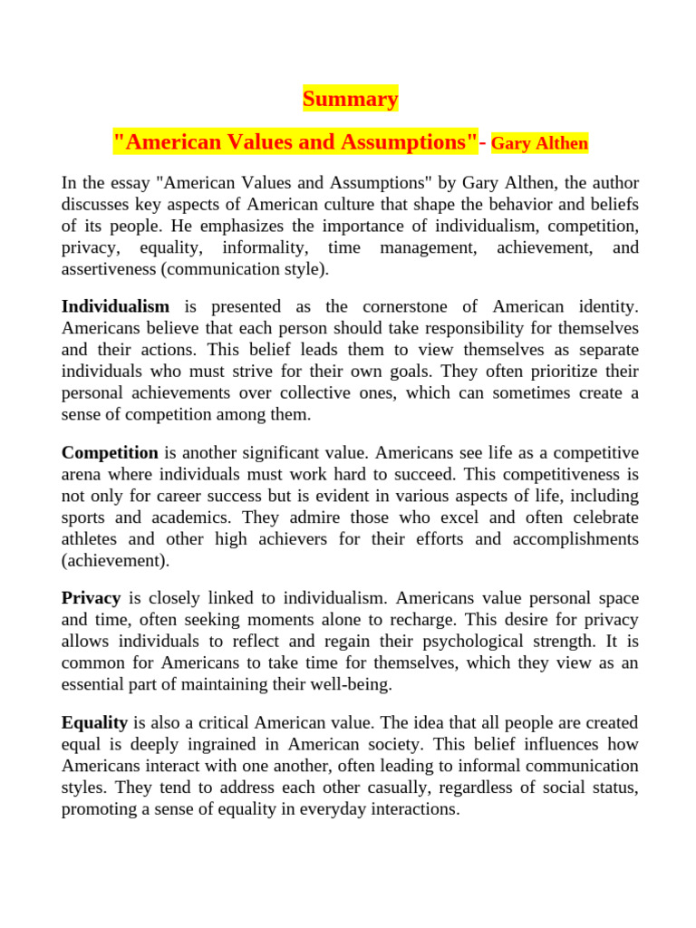American Values and Assumptions Summary | PDF | Well Being | Value (Ethics)