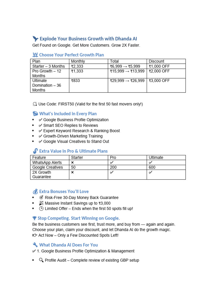 Dhanda AI Marketing Plans and Pricing | PDF
