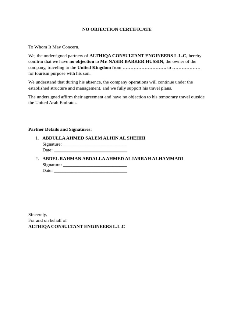 No Objection Certificate for Travel | PDF