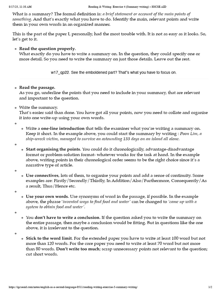 IGCSE Summary Writing Guide | PDF