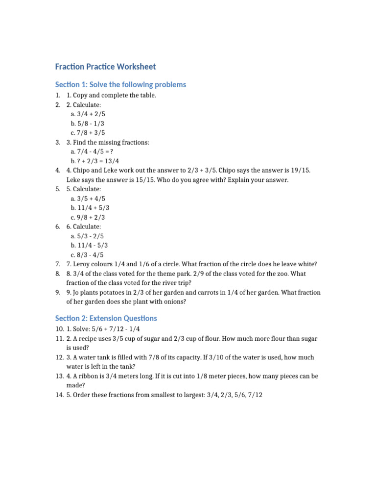 Fraction Practice Worksheet | PDF