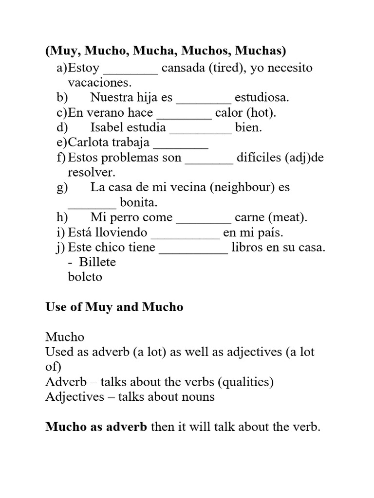 Muy, Mucho, Muchas Spanish Grammar Exercises PDF - Typed Notes | PDF