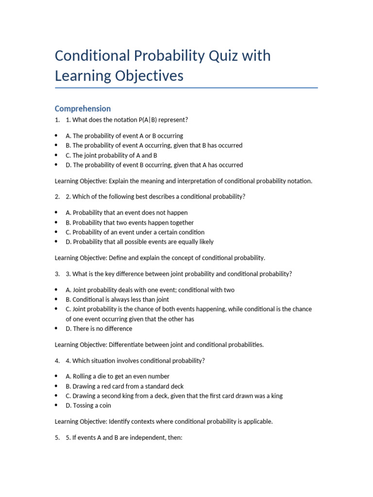 Conditional Probability Quiz With Objectives | PDF | Probability | Measure Theory