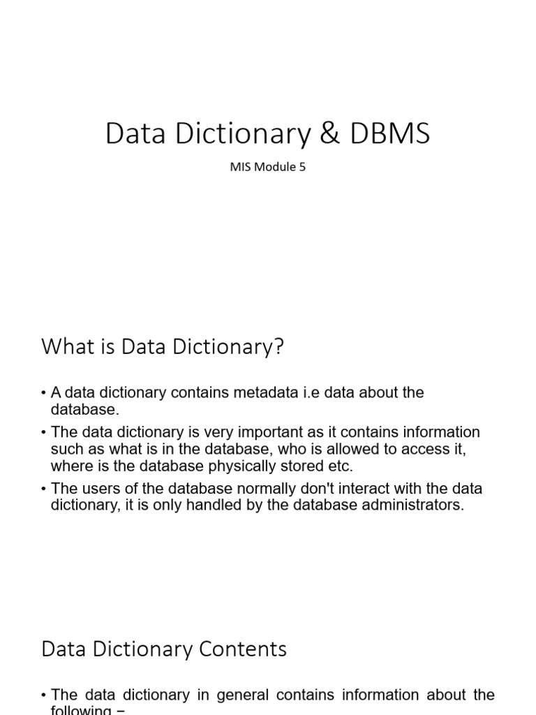 m5 Part 2 - Data Dictionary & Dbms | PDF | Spreadsheet | Databases