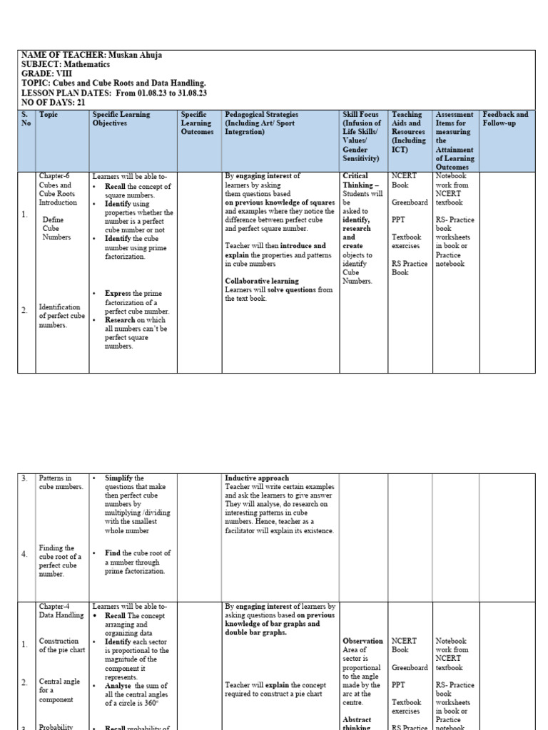 Grade VIII Math Lesson Plan: Cubes & Data Handling | PDF | Learning ...
