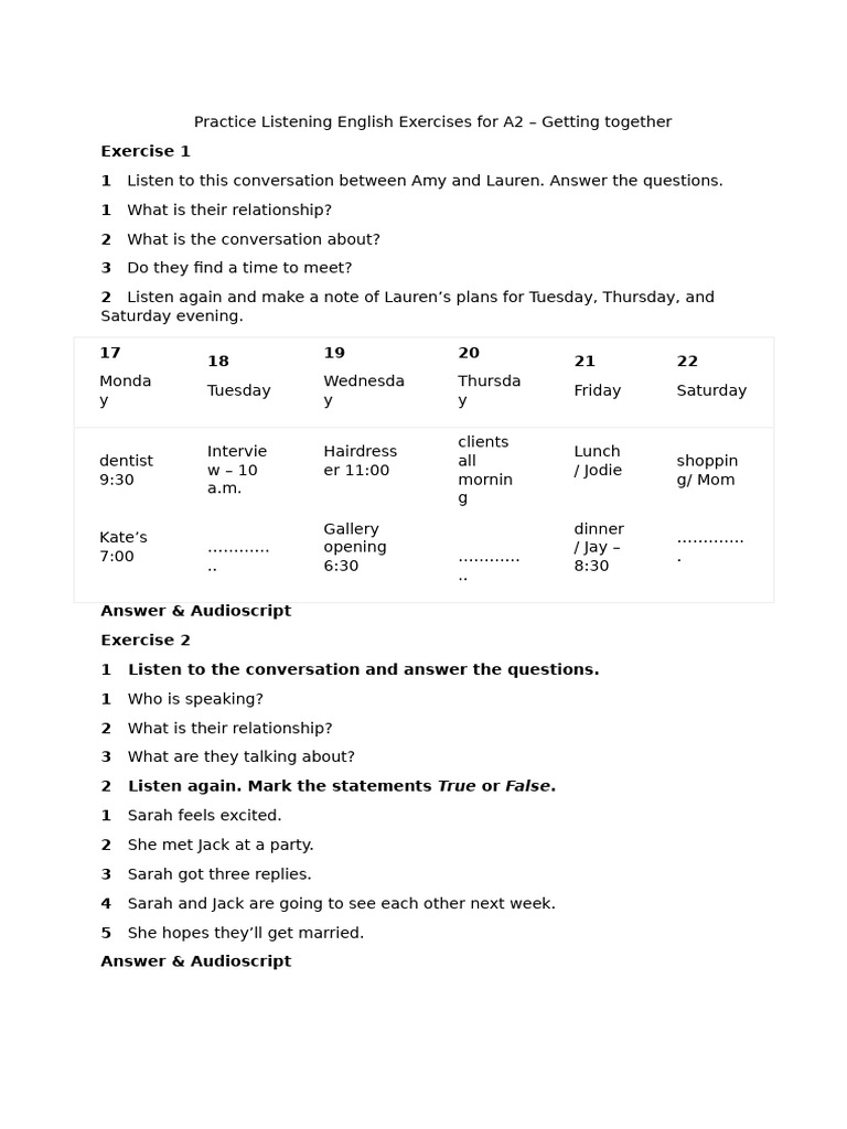 A2 English Listening Practice Exercises | PDF