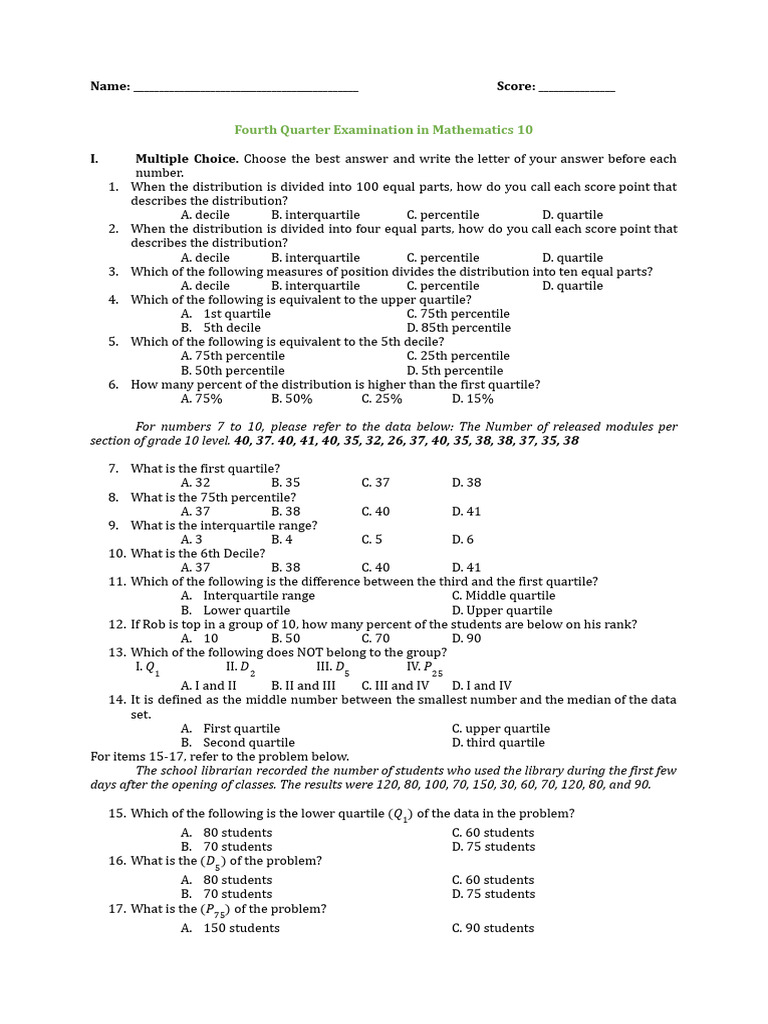 Math 10 4th QE Questionnaire | PDF | Quartile | Percentile