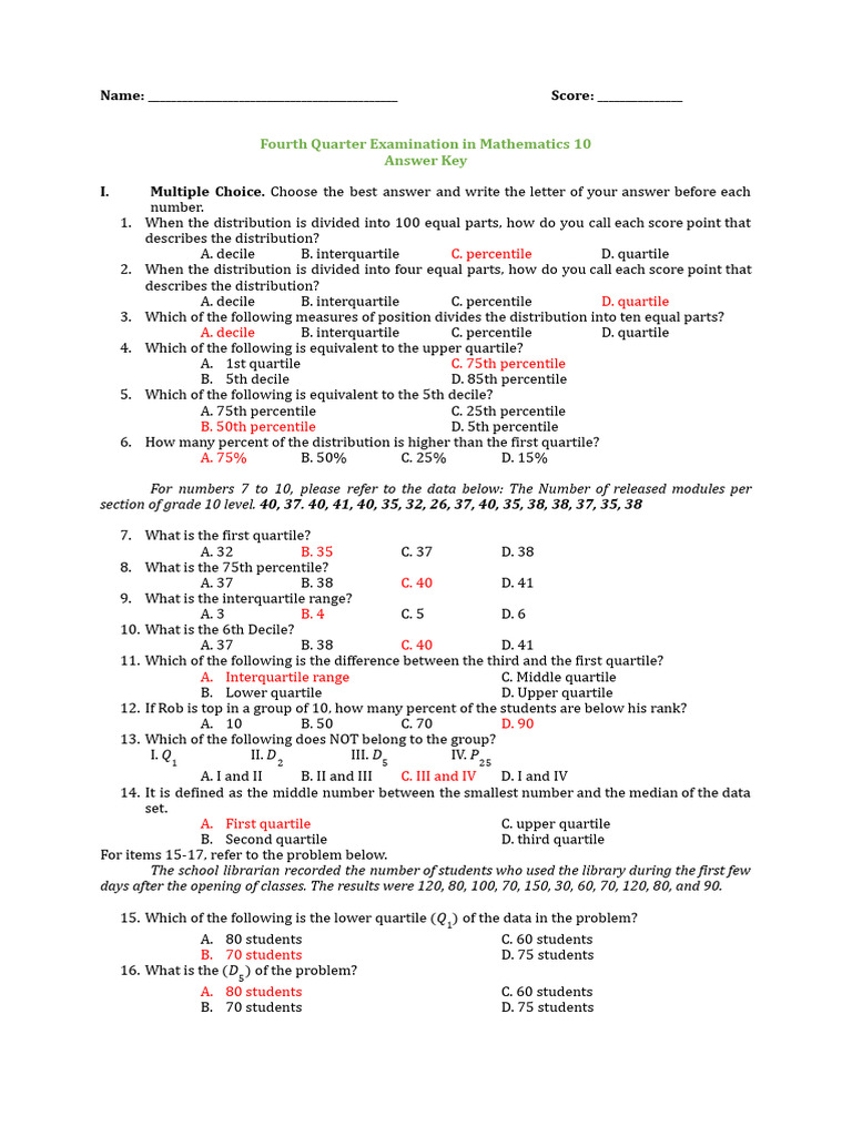 Mathematics 10 Exam Answer Key | PDF | Quartile | Percentile