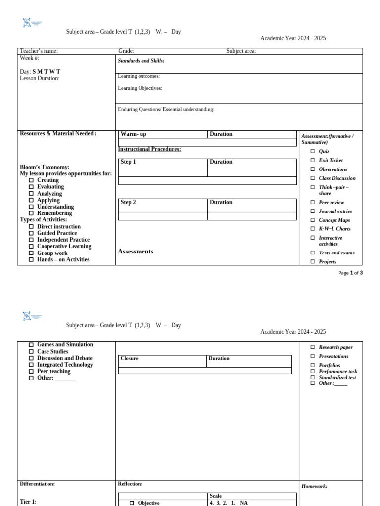 Lesson Plan Template for Grades 1-3 | PDF | Educational Assessment ...