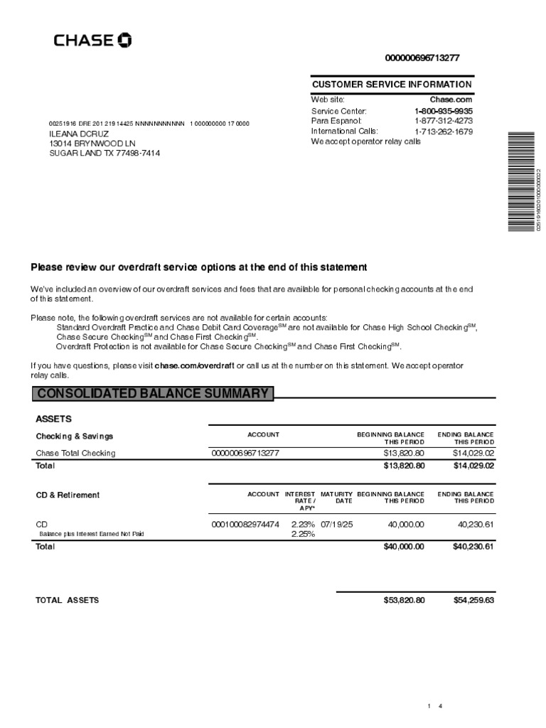 Chase Bank Statement Overview 2025 | PDF | Overdraft | Transaction Account