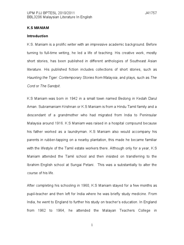 KS Maniam Profile N Work | Download Free PDF | Malaysia | Narration