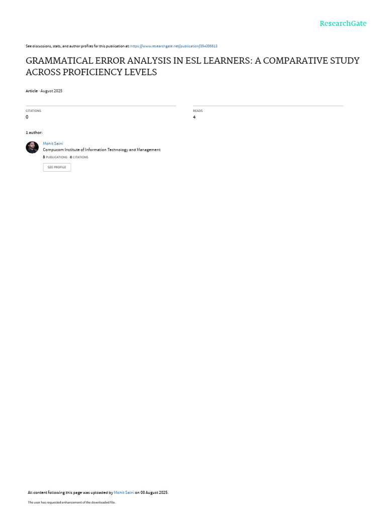 Grammatical Error Analysis in ESL Learners | PDF | Verb | Second Language Acquisition