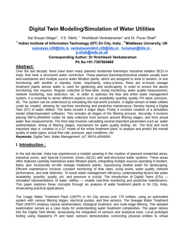 Digital Twin Modeling - Simulation of Water Utilities - REASEARCH PAPER ...