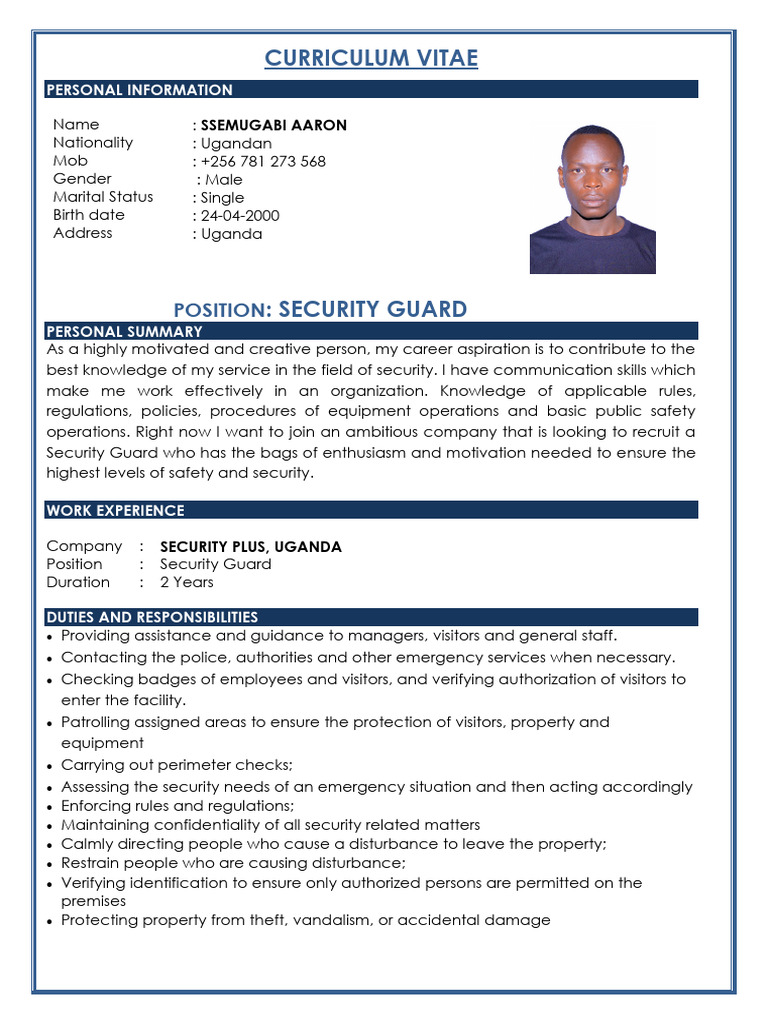 Security Guard CV: Ssemugabi Aaron | PDF | Security Guard