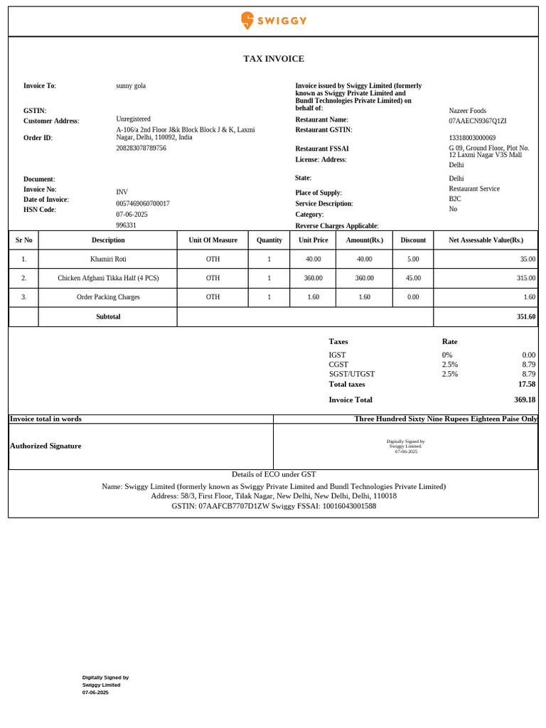 Swiggy Invoice for Restaurant Services | PDF | Invoice | Taxation