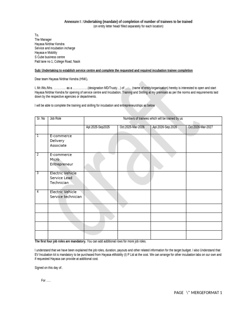 Undertaking - Hayasa Nirbhar Kendra | PDF
