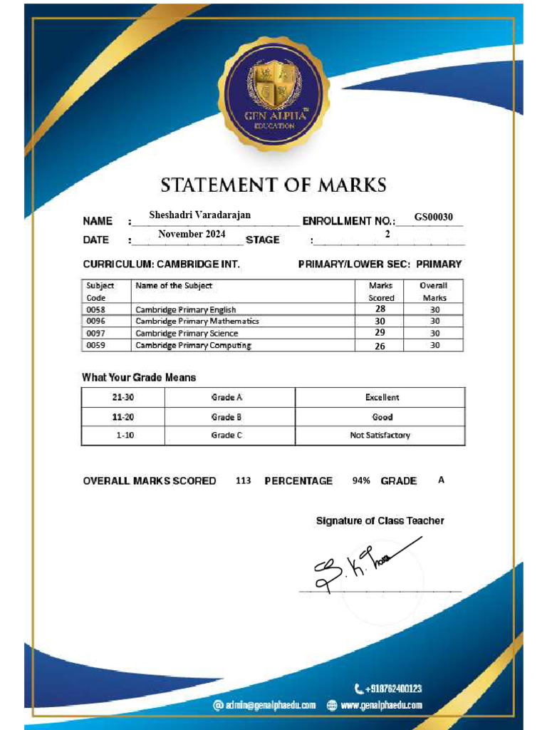 Sheshadri Year 2 Report Card | PDF