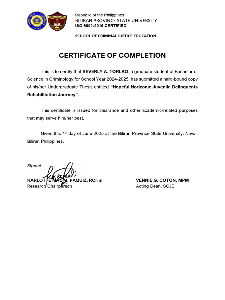 Certificate of Completion_thesis-Torlao (1) | PDF