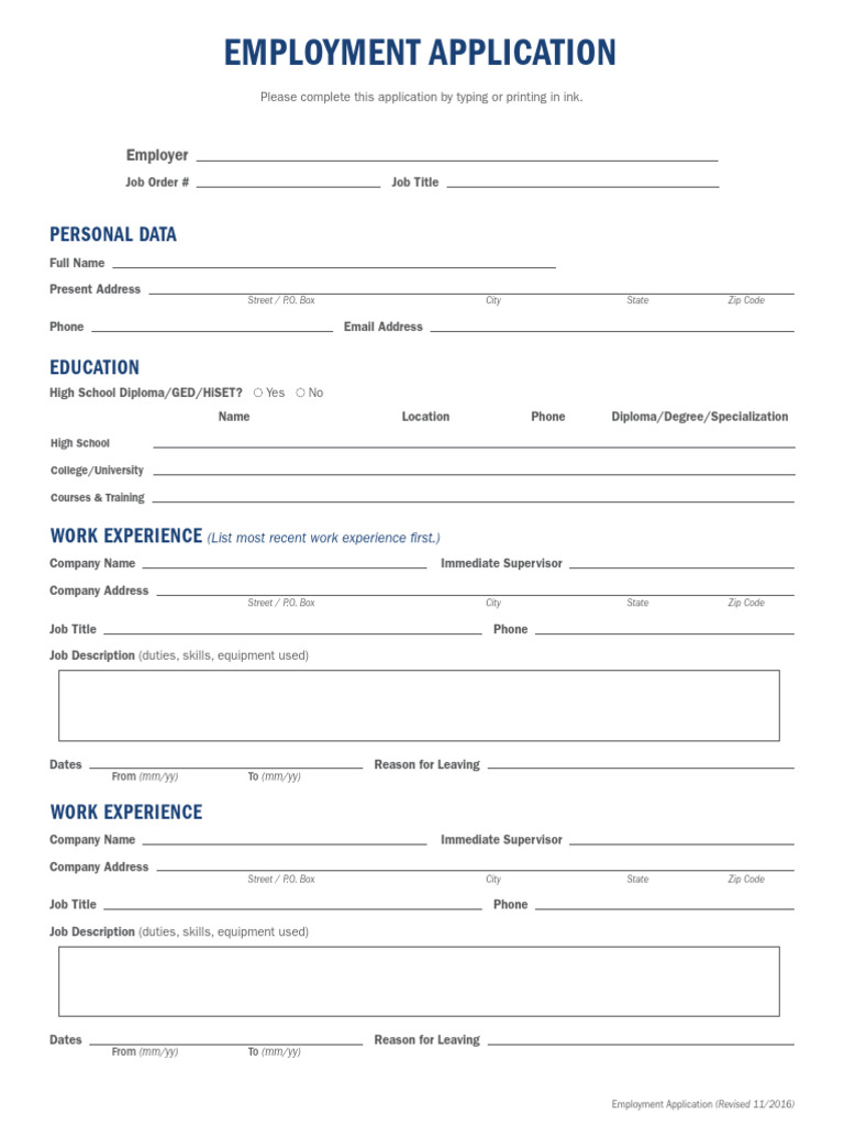 Employment Application Form | PDF | Employment | General Educational ...