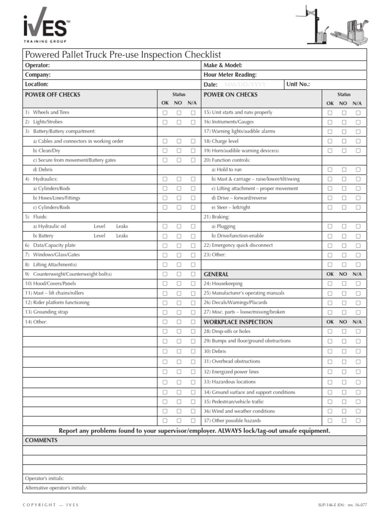 Pallet Truck Inspection Checklist | PDF | Manufactured Goods | Land ...