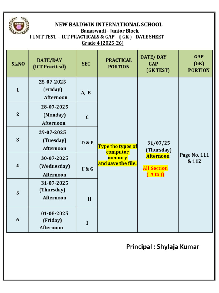 I Unit Test ICT Practical & GK Date Sheet 2025-26-Grade 4 | PDF