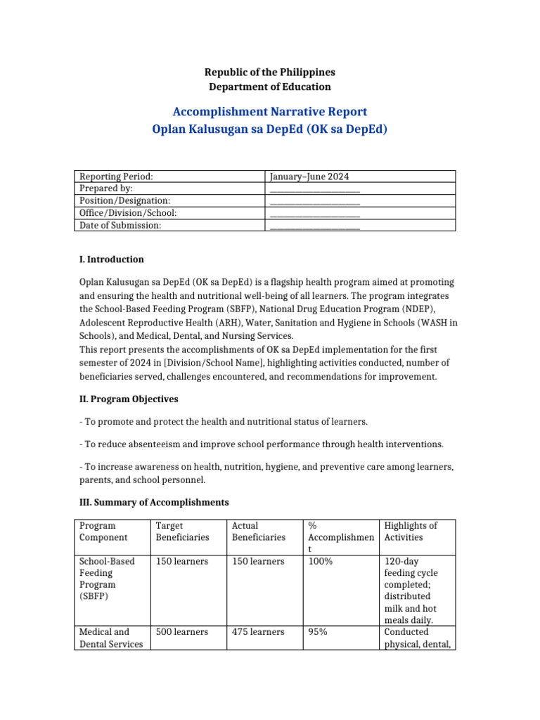 DepEd OK Sa DepEd Accomplishment Report | PDF | Wash | Hand Washing