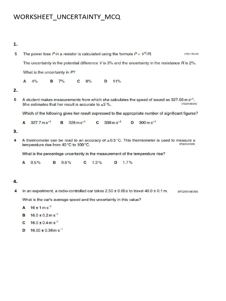 Worksheet Uncertainty MCQ | PDF