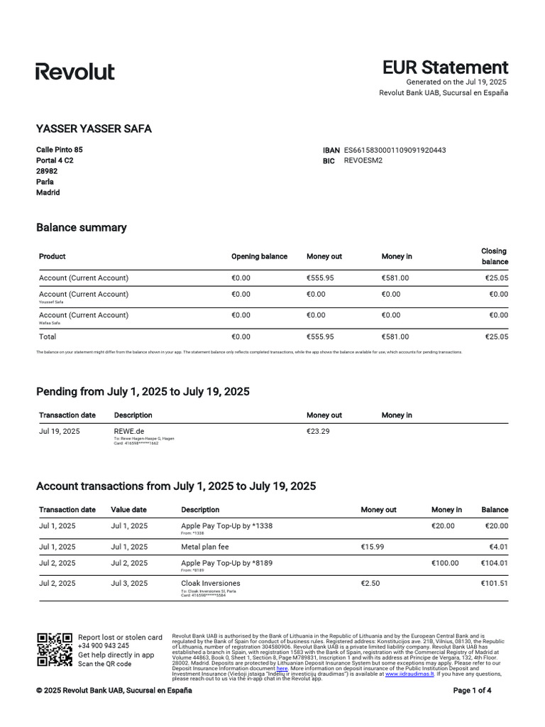 Revolut Bank Statement - Spain | PDF | Banks | Private Sector