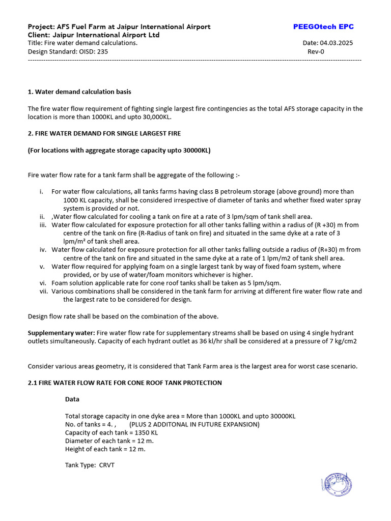 Fire Water Demand Calculations for AFS Fuel Farm | PDF | Water