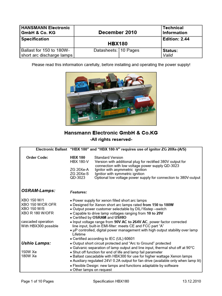 HBX180. Hansmann Electronic GMBH & Co - KG | PDF | Power Supply | Electromagnetic Interference