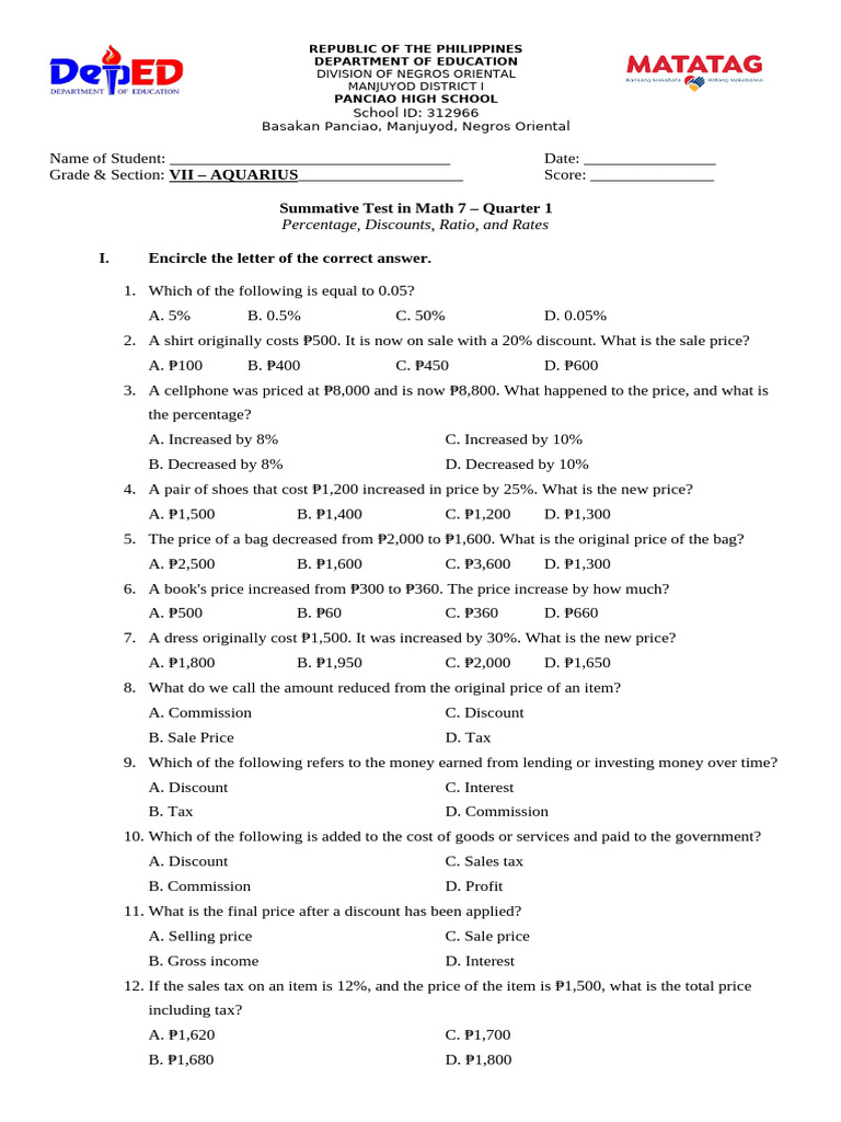 Summative Q1-Percents and Discounts | PDF | Interest | Taxes
